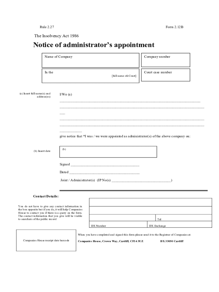 Fillable Online Form 2.12B - Notice of administrator appointment Fax ...