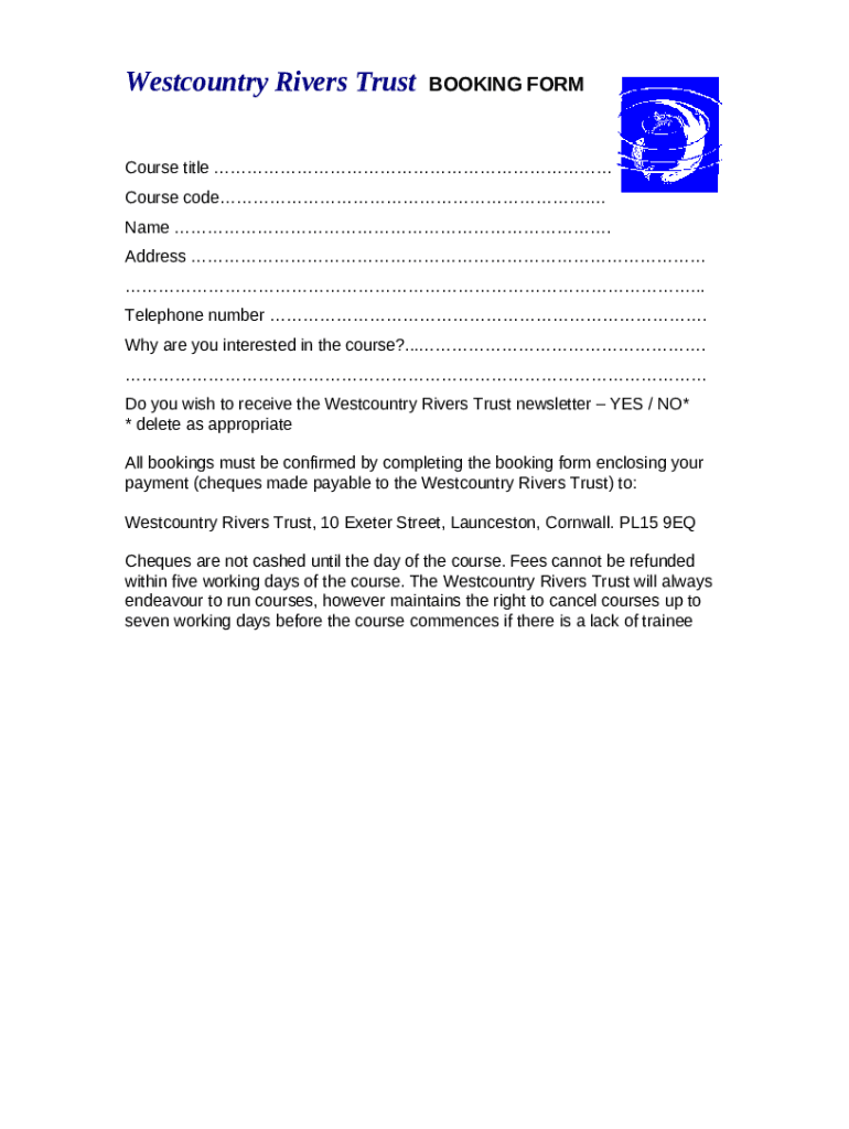 Westcountry Rivers TrustBOOKING Doc Template | pdfFiller