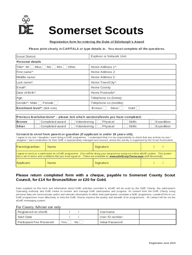 Registration for entering the Duke of Edinburgh's Award Doc Template ...