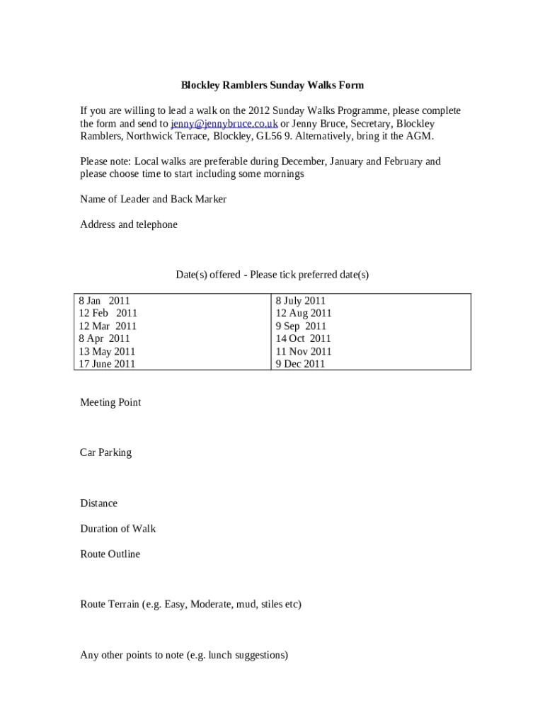 Blockley Ramblers Sunday Walks Doc Template | pdfFiller