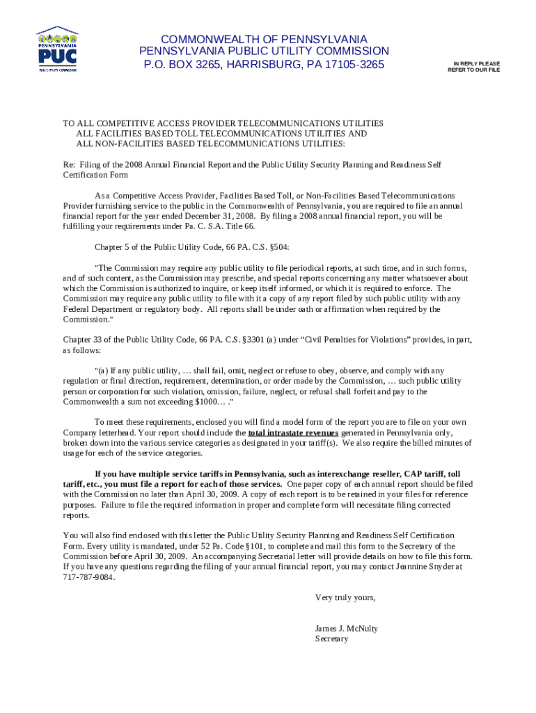 Re:Filing of the 2008 Annual Financial Report and the Public Utility ...