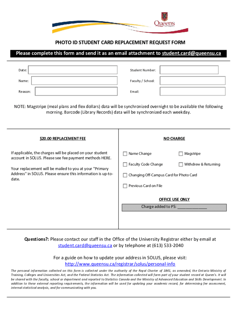 Fillable Online PHOTO ID STUDENT CARD REPLACEMENT REQUEST FORM Please ...
