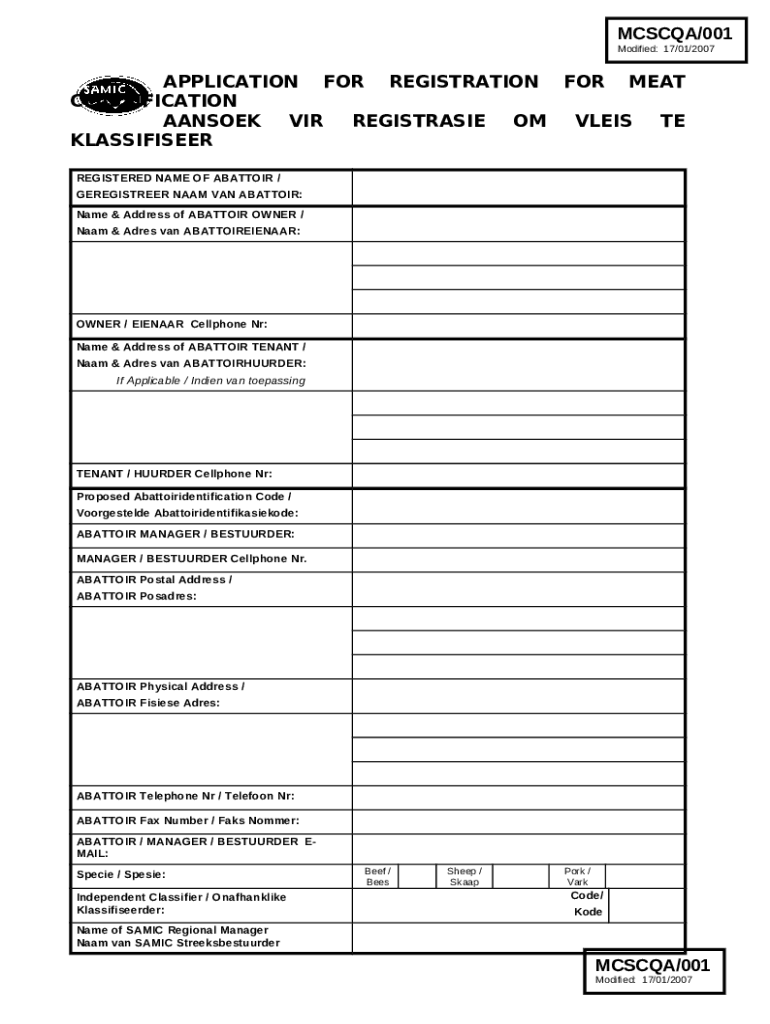 APPLICATION FOR REGISTRATION FOR MEAT CLASSIFICATION Doc Template ...
