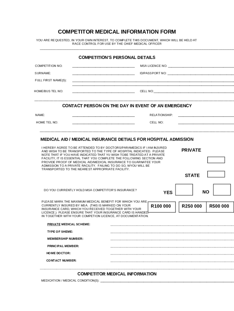 COMPETITOR MEDICAL INATION . Burgersdorp Off Road club Doc Template | pdfFiller
