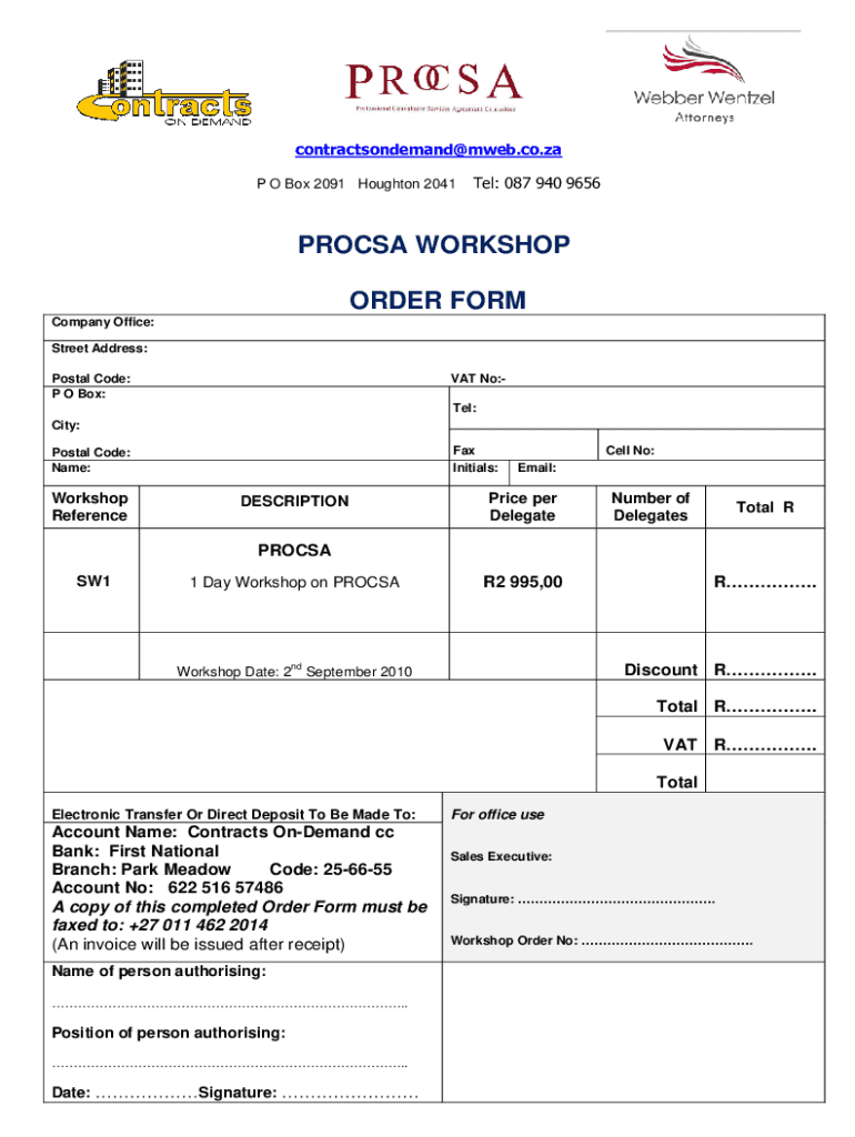 Fillable Online PROCSA WORKSHOP ORDER FORM -Ferrer Hayim Fax Email ...