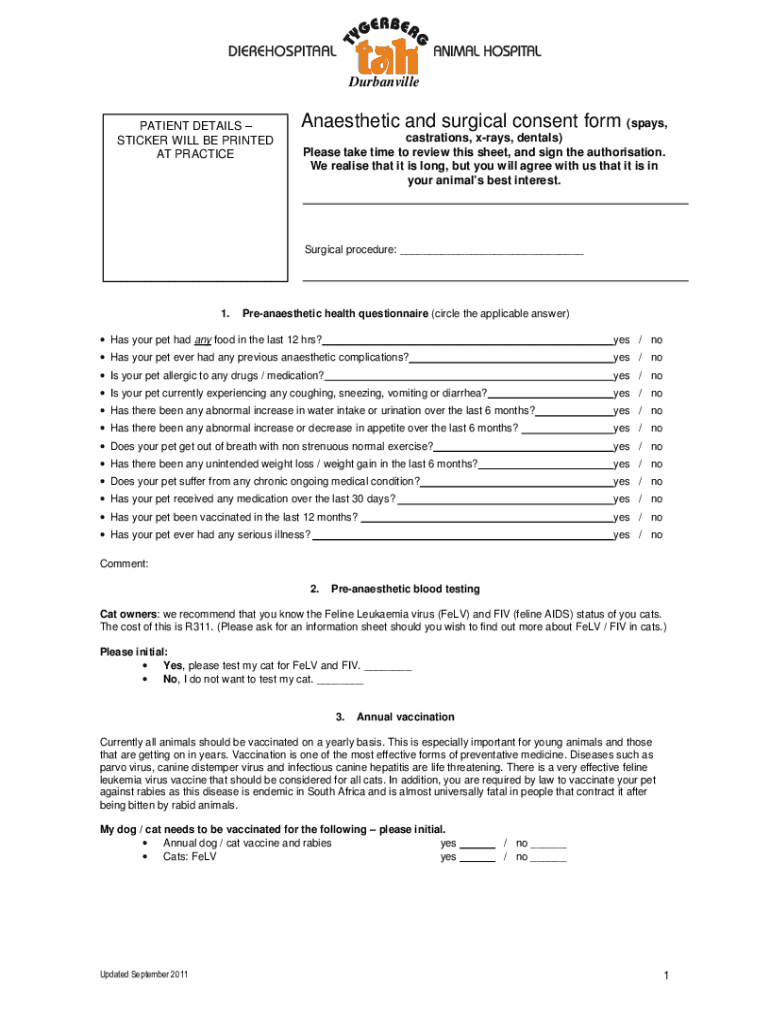 Fillable Online Anaesthetic consent form - no monitors - English ...