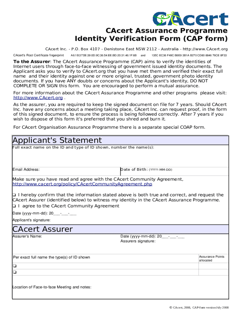 Fillable Online svn cacert CAcert Assurance Programme Identity ...