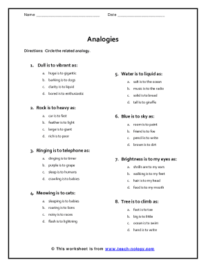 Fillable Online Analogies Worksheet. English Language Arts Fax Email ...