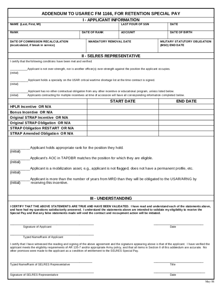 ADDENDUM TO USAREX FM 1166-R-E, FOR RETENTION BONUS APPLICANT Doc ...
