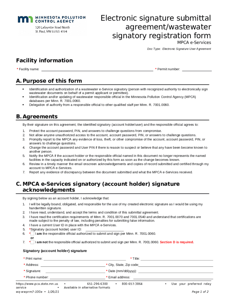 Electronic signature submittal agreement/wastewater signatory ...