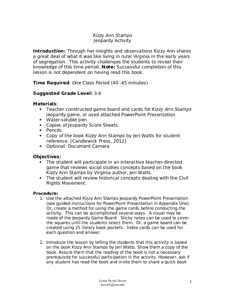 Jamestown Jeopardy Game Board Doc Template | pdfFiller