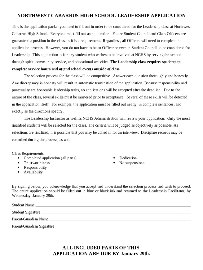 northwest cabarrus high school leadership application Doc Template ...