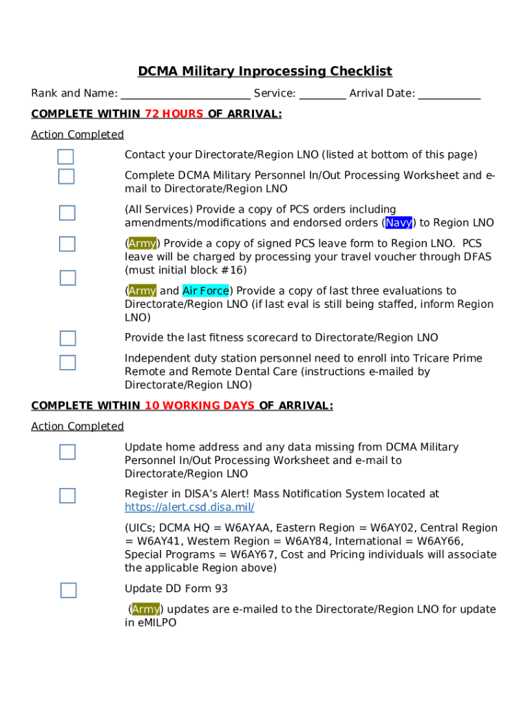 DCMA Military Inprocessing Checklist Doc Template | pdfFiller