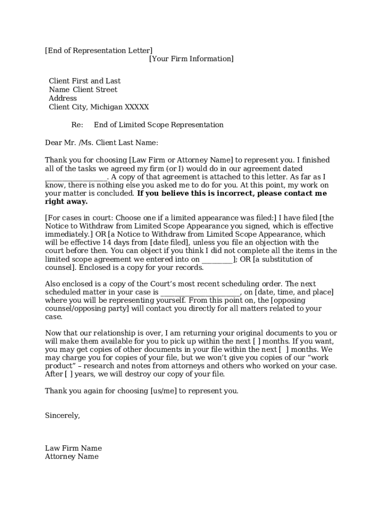 End of Representation Letter Doc Template | pdfFiller