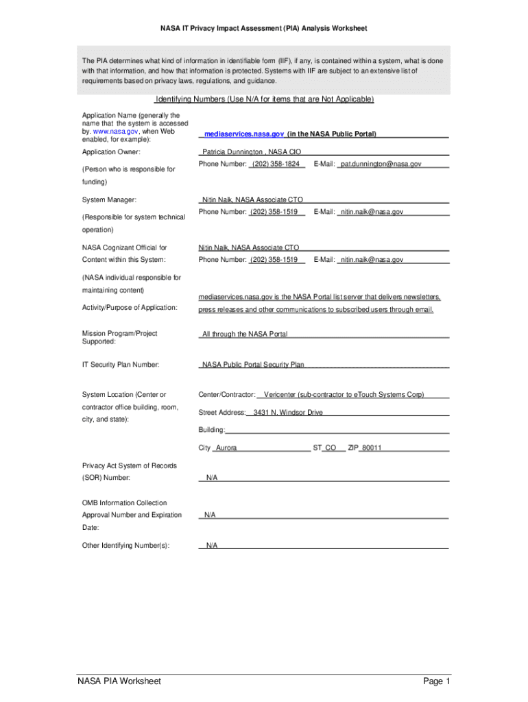 Fillable Online PIA Analysis Worksheet and Summary Template - NASA Fax ...