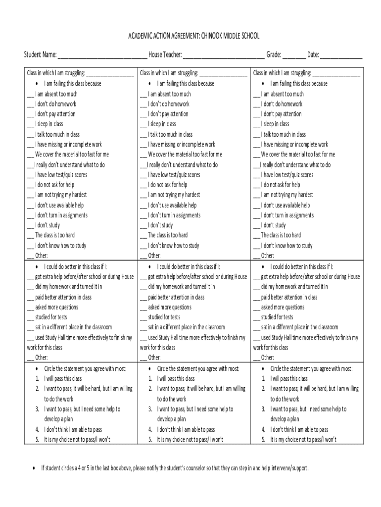 Fillable Online ACADEMIC ACTION AGREEMENT: CHINOOK MIDDLE SCHOOL ...