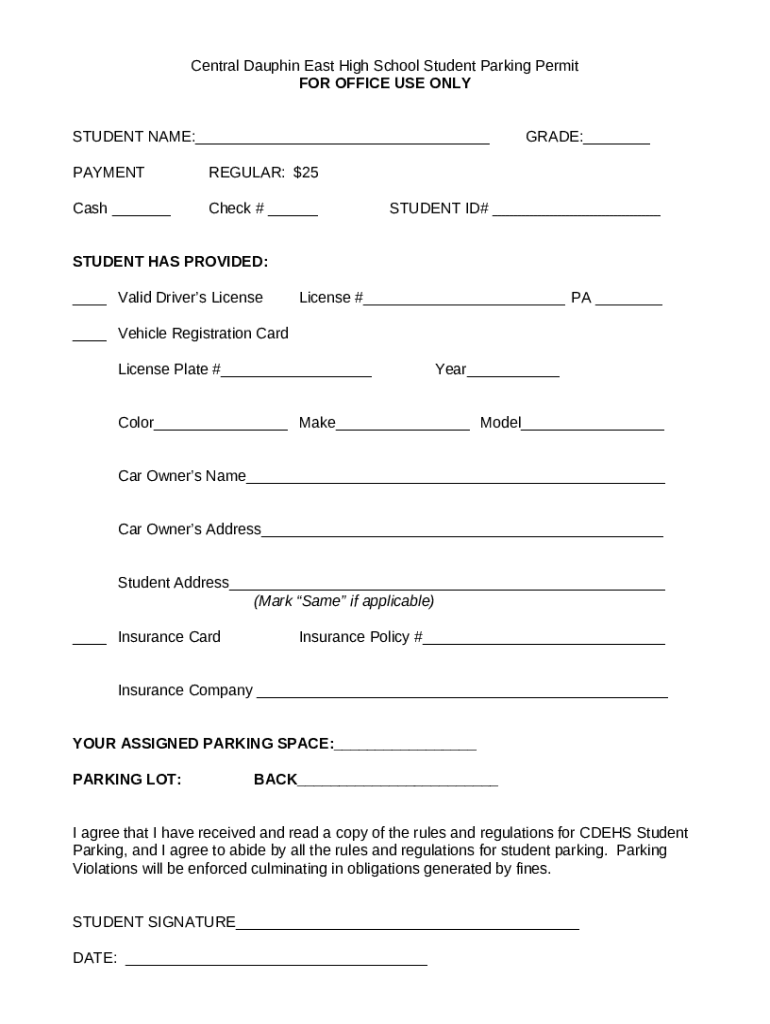 Central Dauphin East High School Student Parking Permit Doc Template | pdfFiller
