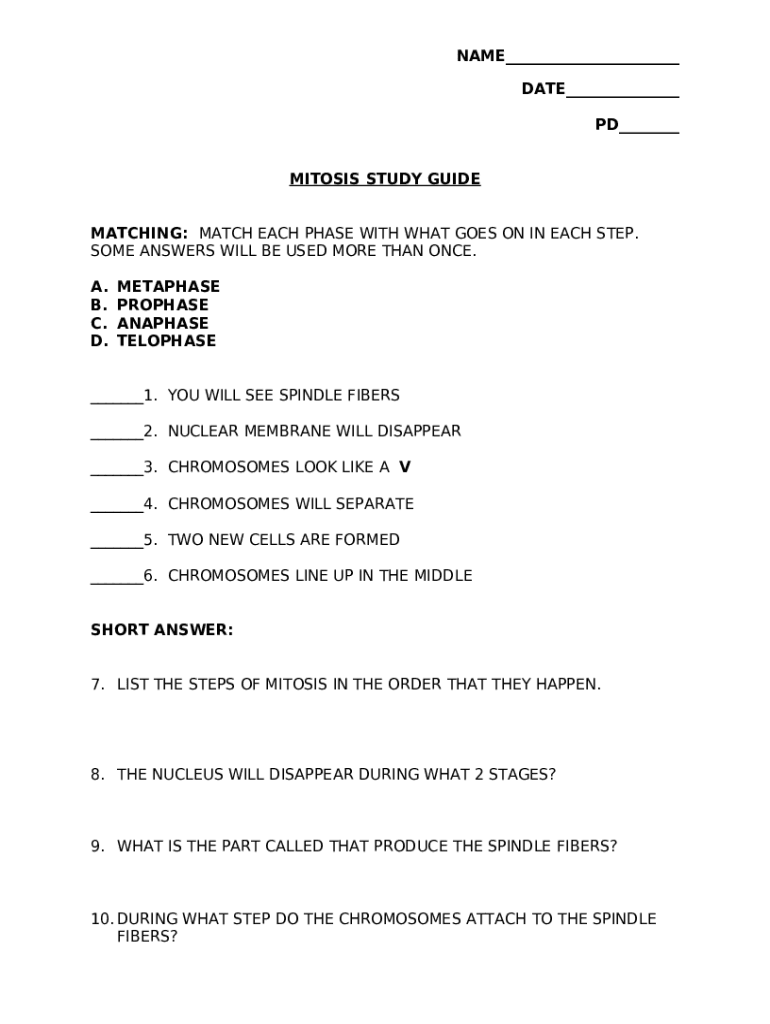 MITOSIS STUDY GUIDE Doc Template | pdfFiller