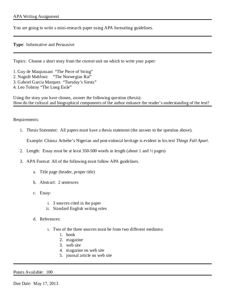APA Writing Assignment Doc Template | pdfFiller