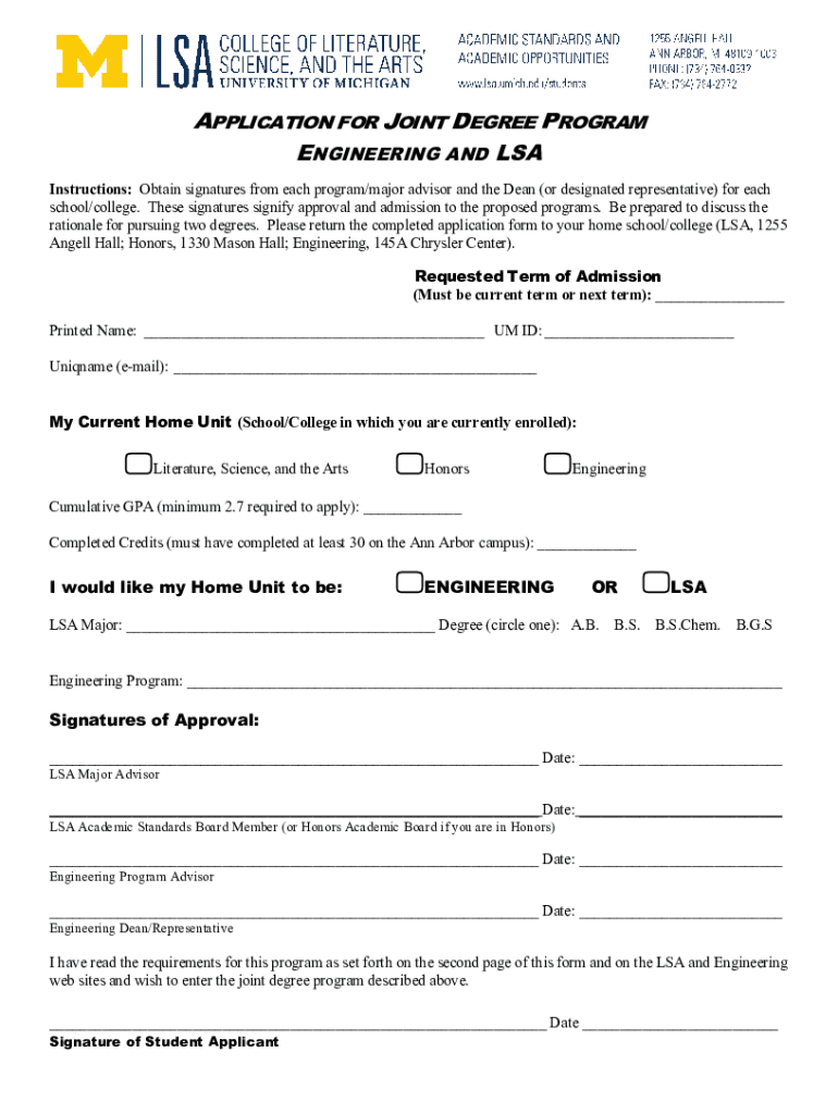 Fillable Online lsa umich APPLICATION FOR JOINT DEGREEP ROGRAM ...