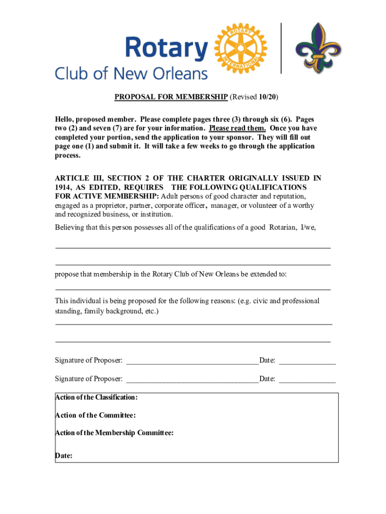 Fillable Online PROPOSAL FOR MEMBERSHIP 10/20 FOR ACTIVE MEMBERSHIP ...