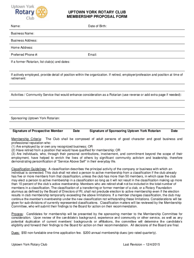 Fillable Online UPTOWN YORK ROTARY CLUB MEMBERSHIP PROPOSAL FORM Fax ...