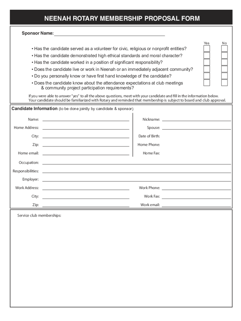 Fillable Online NEENAH ROTARY MEMBERSHIP PROPOSAL FORM Fax Email Print ...