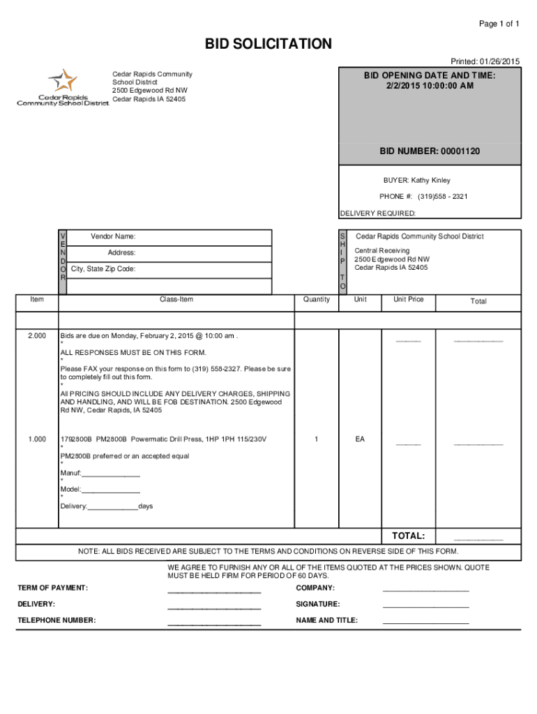 Fillable Online Page 1 of 1 BID SOLICITATION Fax Email Print - pdfFiller