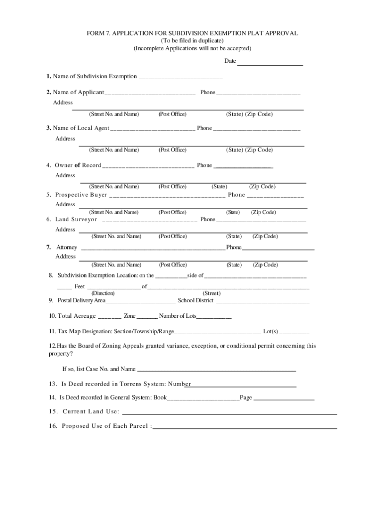 Fillable Online FORM 7. APPLICATION FOR SUBDIVISION EXEMPTION PLAT ...