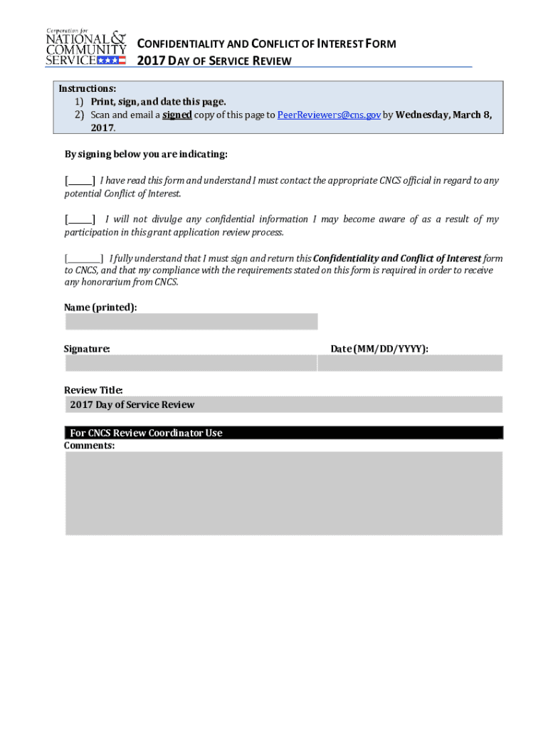 Fillable Online 2017 Day of Service Confidentiality and COI Form final Fax Email Print - pdfFiller