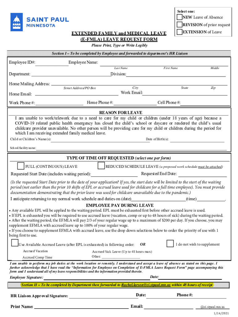 Fillable Online EXTENDED FAMILY and MEDICAL LEAVE (E-FMLA) LEAVE ...