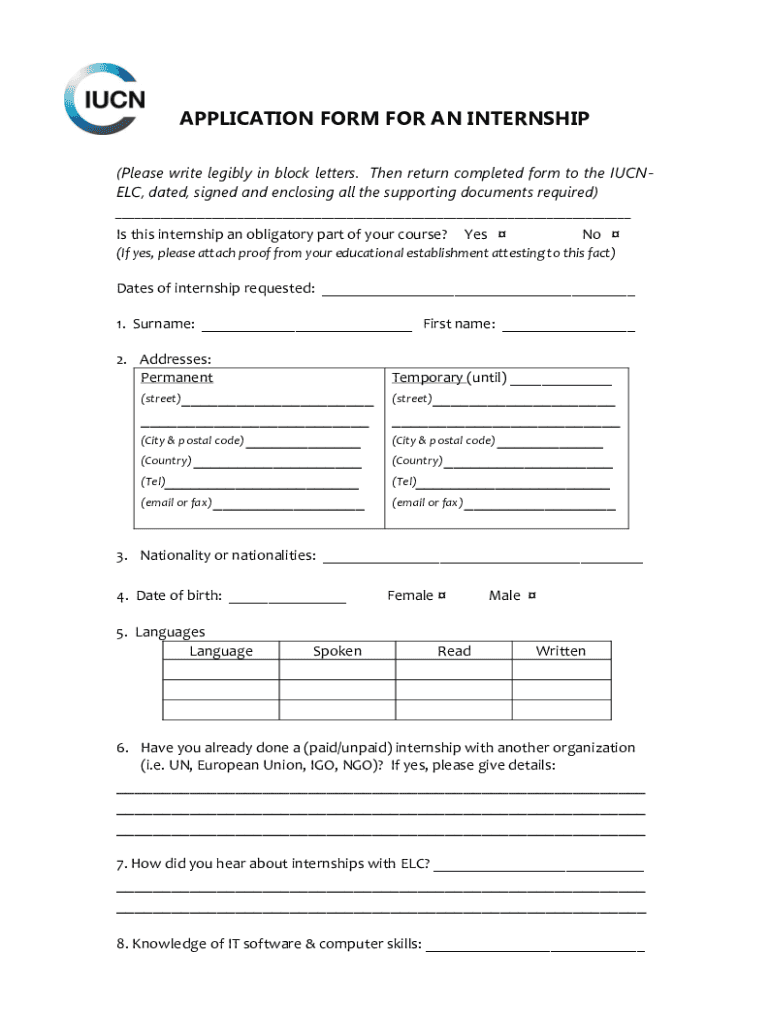 Fillable Online APPLICATION FORM FOR AN INTERNSHIP Fax Email Print ...