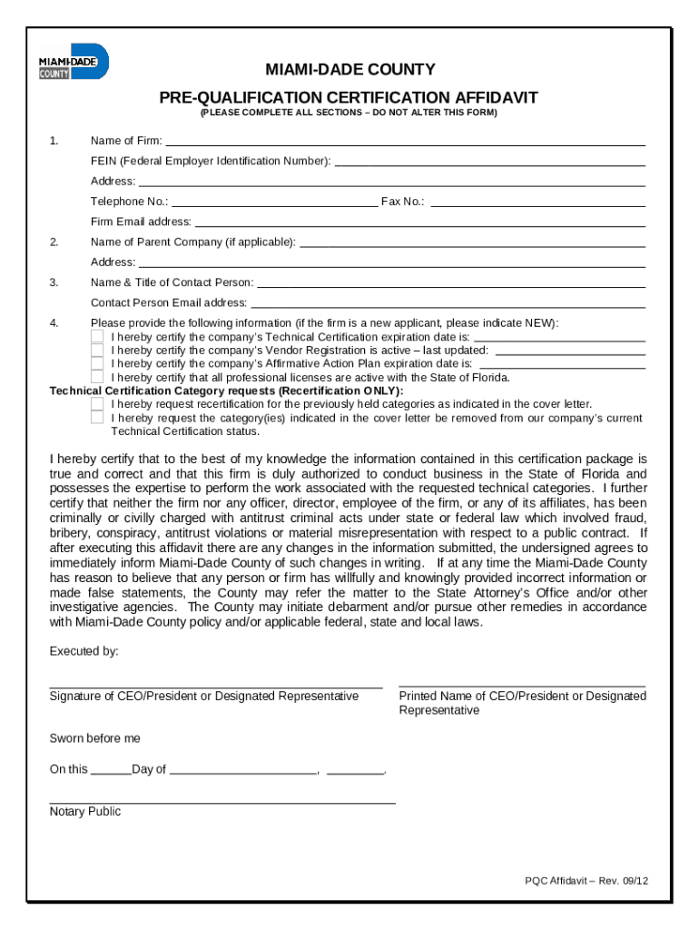 PRE-QUALIFICATION CERTIFICATION AFFIDAVIT Doc Template | pdfFiller