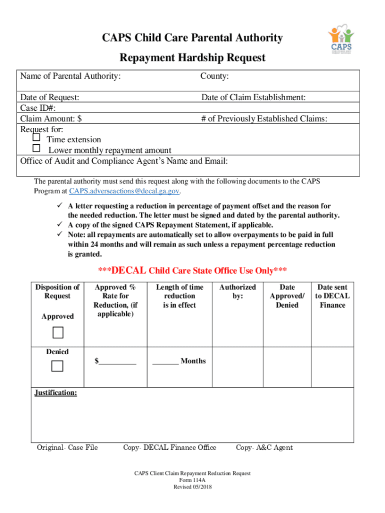 Fillable Online CAPS Child Care Parental Authority Repayment Hardship ...
