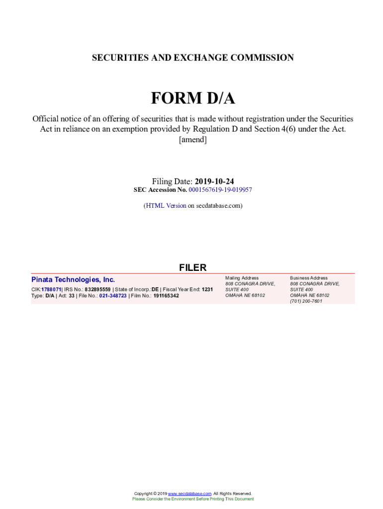 Fillable Online Pinata Technologies, Inc. Form D/A Filed 2019-10-24 ...
