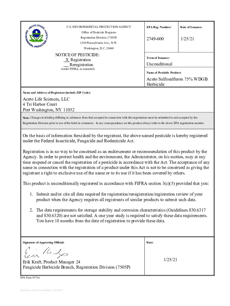 Fillable Online US EPA, Pesticide Product Label, Aceto Sulfosulfuron 75 ...