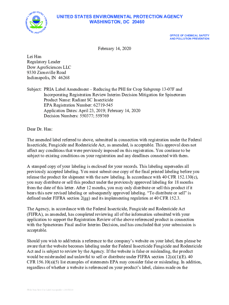 Fillable Online US EPA, Pesticide Product Label, RADIANT SC INSECTICIDE ...