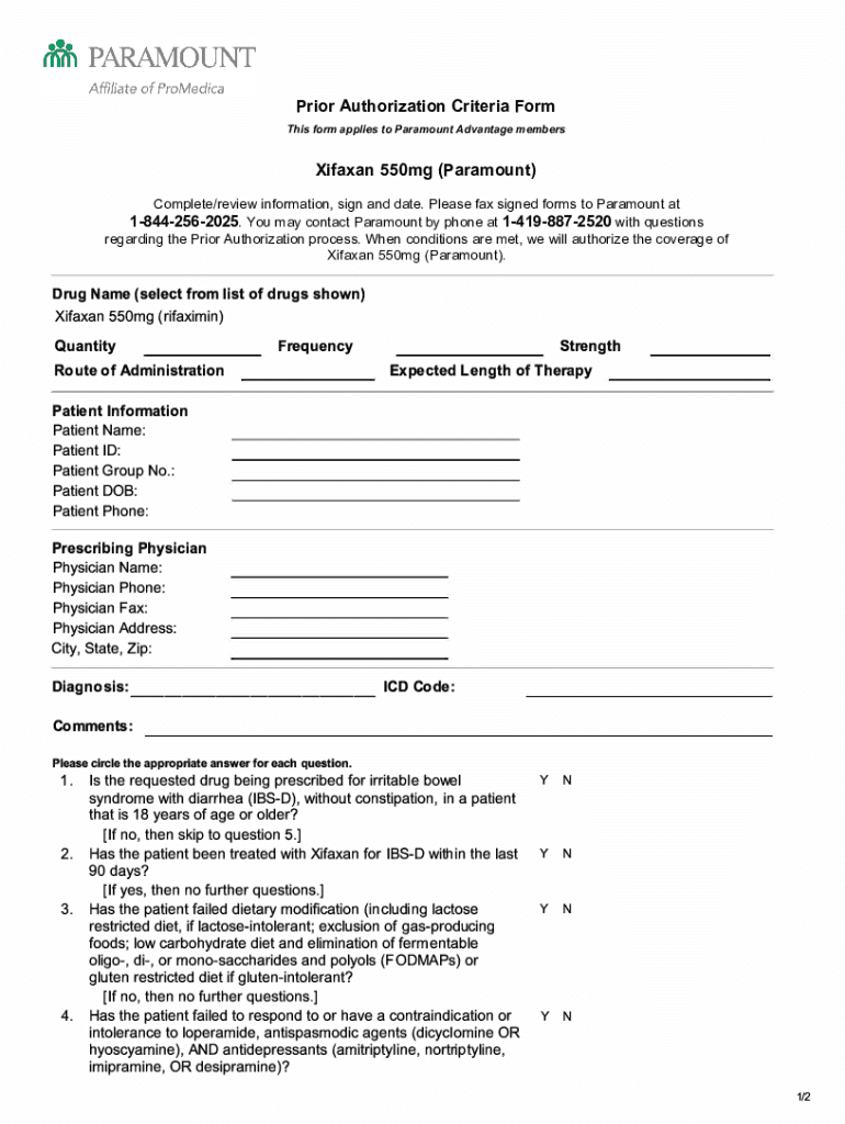 Fillable Online Prior Authorization Criteria Form PARAMOUNT ADVANTAGE ...