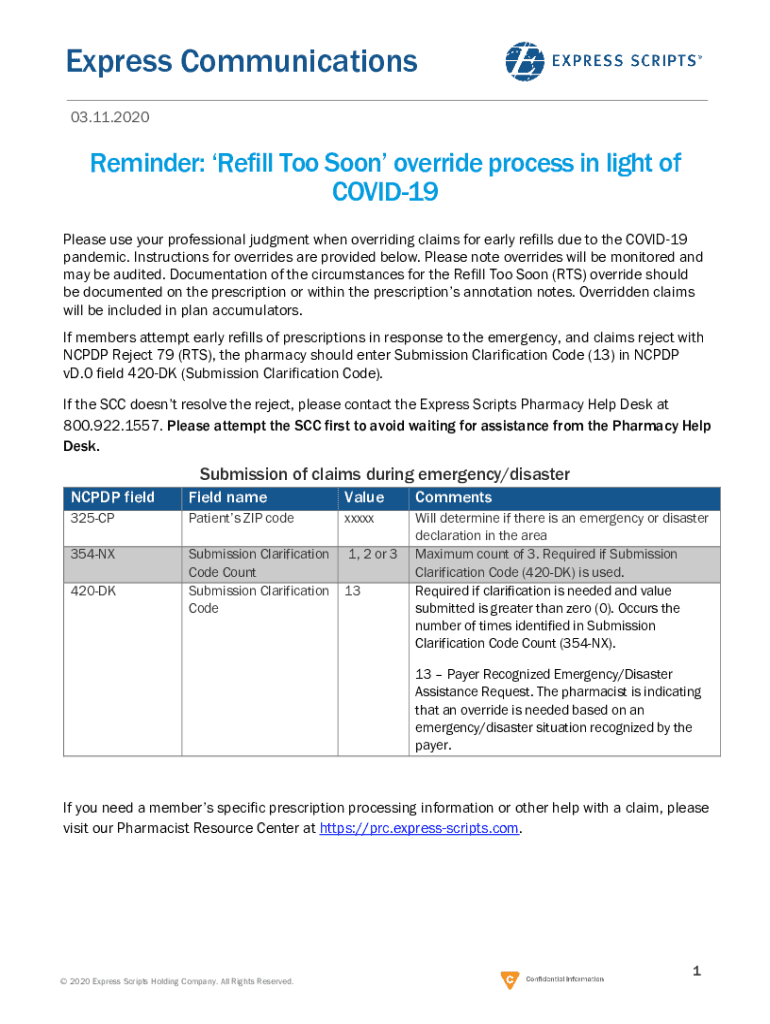 Fillable Online Reminder: Refill Too Soon override process in light of ...