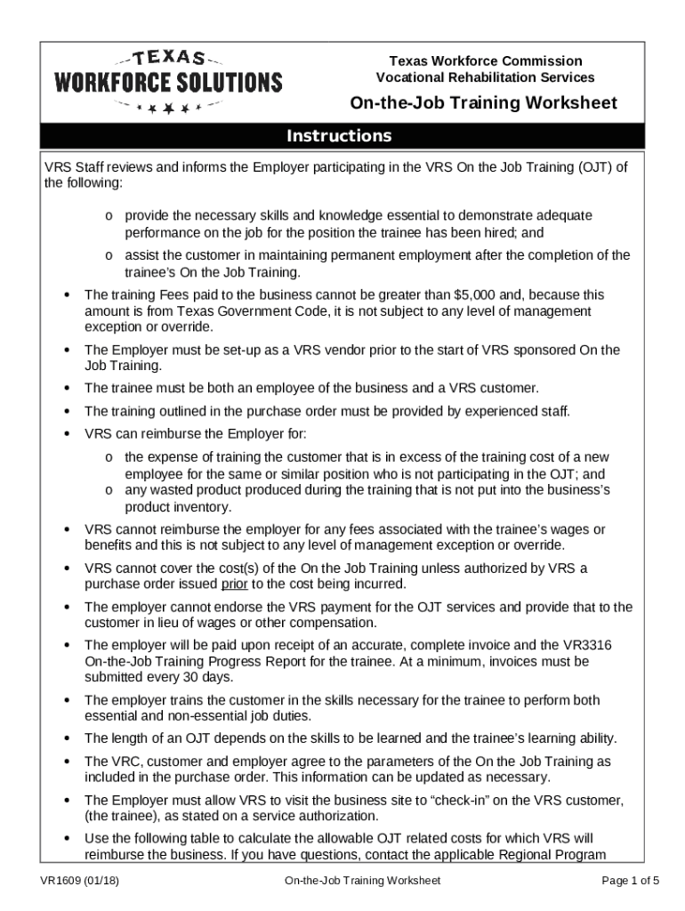 VR1609 On-the-Job Training Worksheet Doc Template | pdfFiller