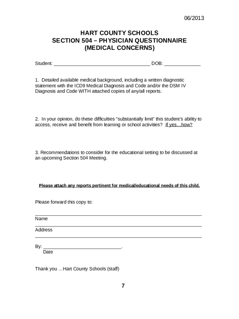 SECTION 504 - PHYSICIAN QUESTIONNAIRE Doc Template | pdfFiller