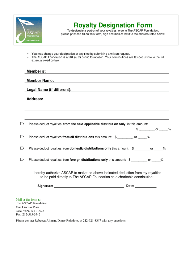 Fillable Online Royalty Designation Form - The ASCAP Foundation Fax ...