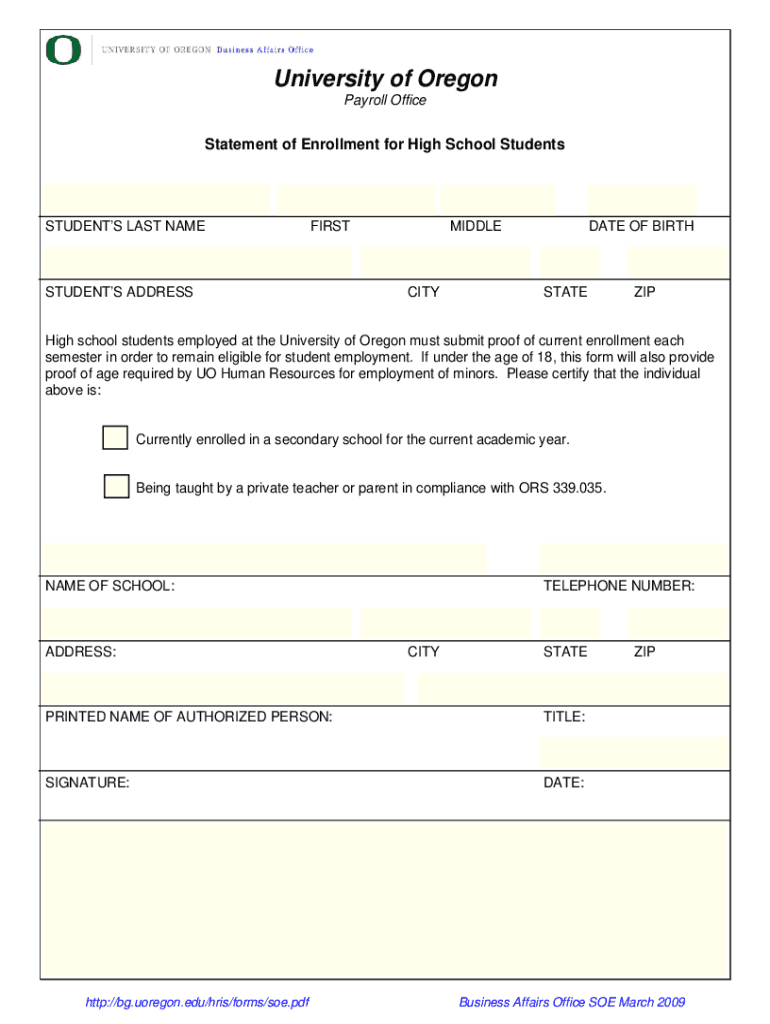 Fillable Online pages uoregon Statement of Enrollment for High School ...