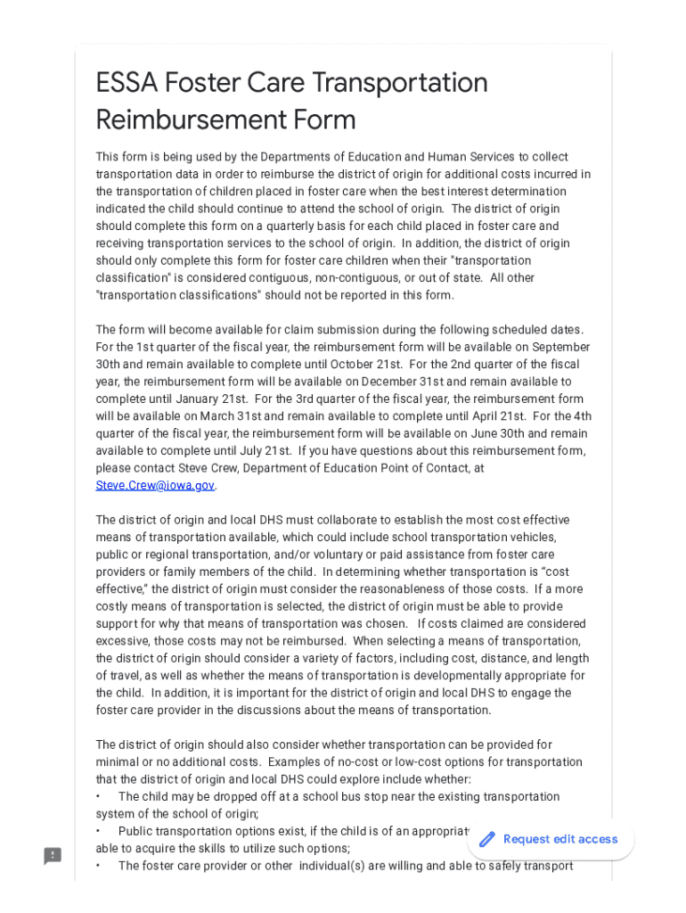 Fillable Online ESSA Foster Care Transpo ation Reimbursement Form Fax ...