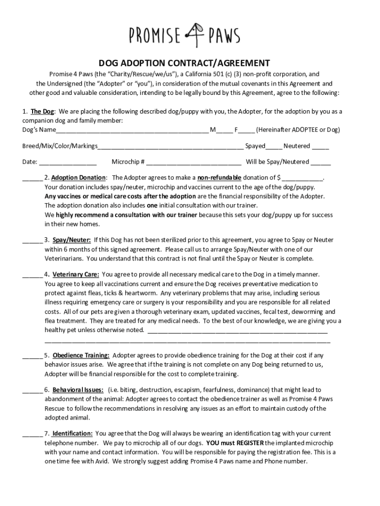 Fillable Online DOG ADOPTION CONTRACT/AGREEMENT - Promise4Paws Fax ...