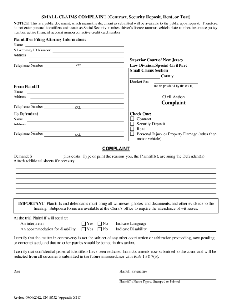 Fillable Online Small Claims Complaint (Contract Security Deposit Rent ...