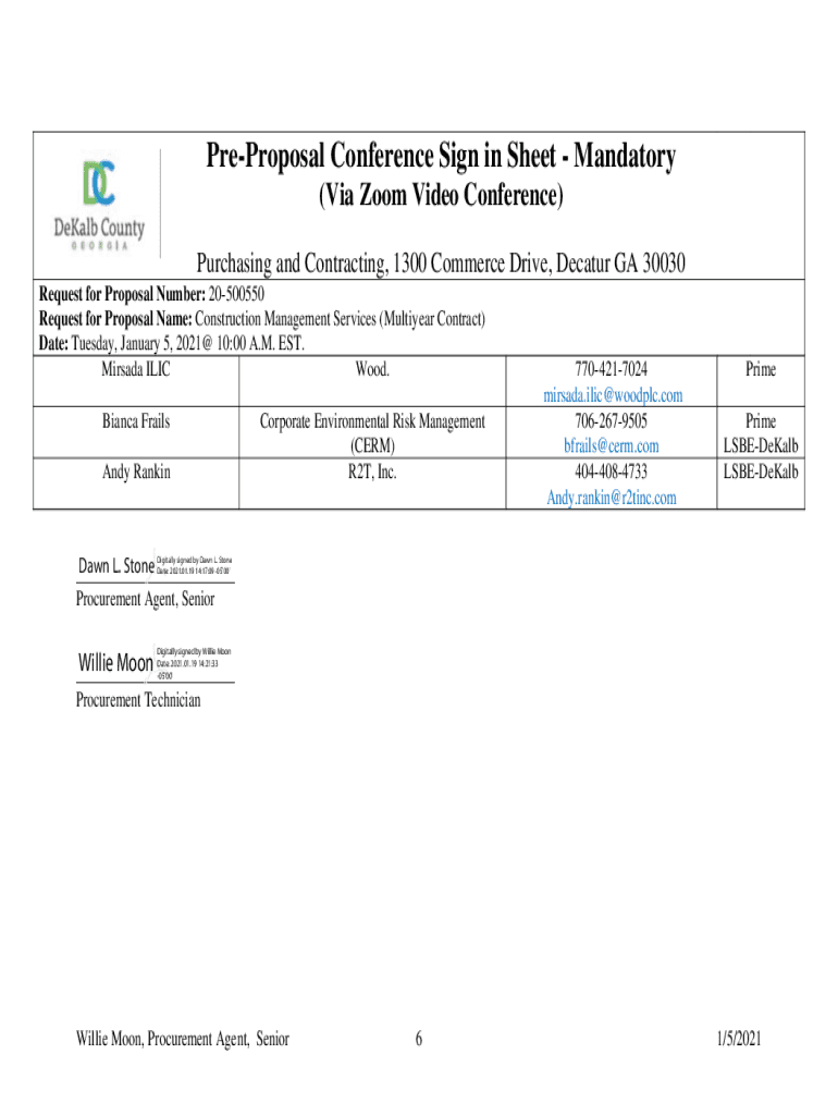 Fillable Online Pre-Proposal Conference Sign in Sheet Mandatory Fax ...