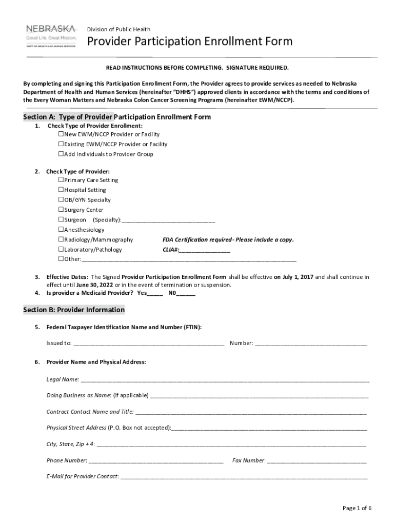 Fillable Online dhhs ne Provider Participation Enrollment Form Fax ...