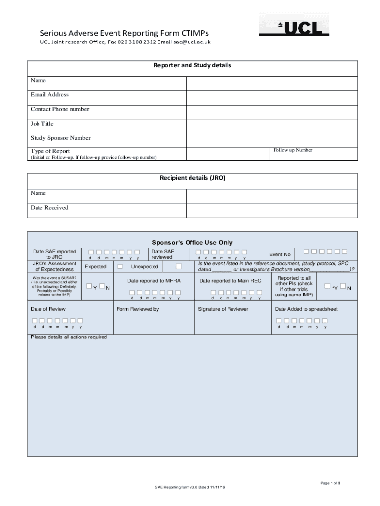 Fillable Online Serious Adverse Event Reporting Form CTIMPs Fax Email ...