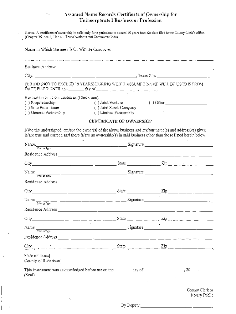 Fillable Online ASSUMED NAME RECORDS CERTIFICATE OF OWNERSHIP FOR ...